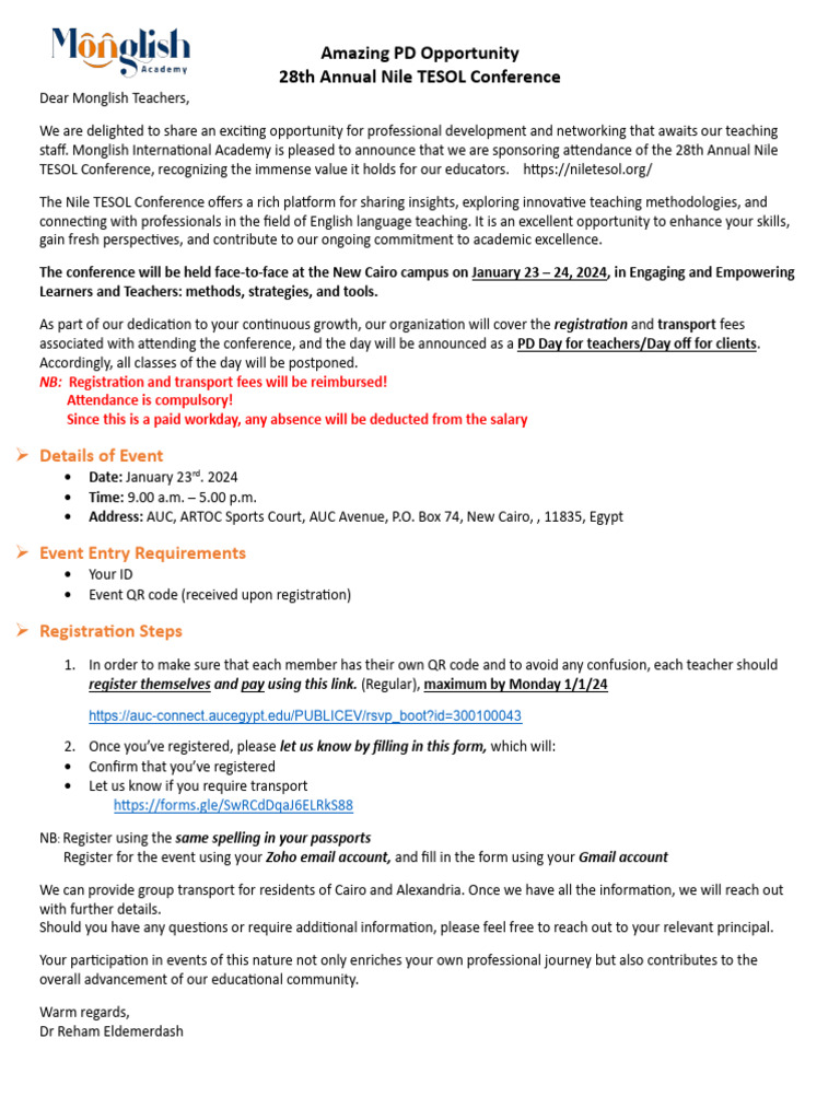 Nile TESOL Conference 2024 Details | PDF | English As A Second Or ...
