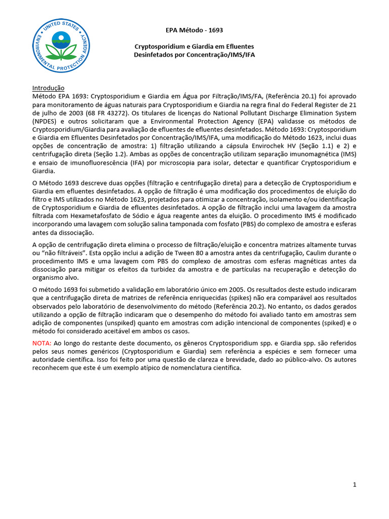 EPA-1693 Cryptosporidium e Giardia Em Efluentes Desinfetados Por ...
