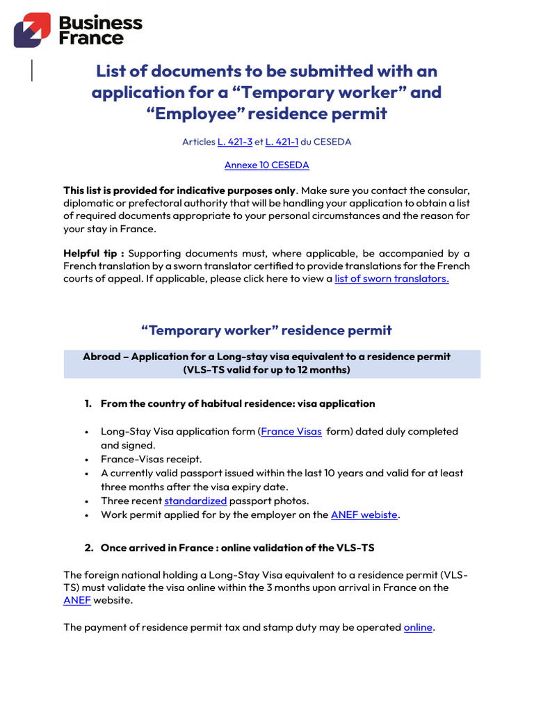 List of Documents For Temporary Worker and Employee Residence Permits ...