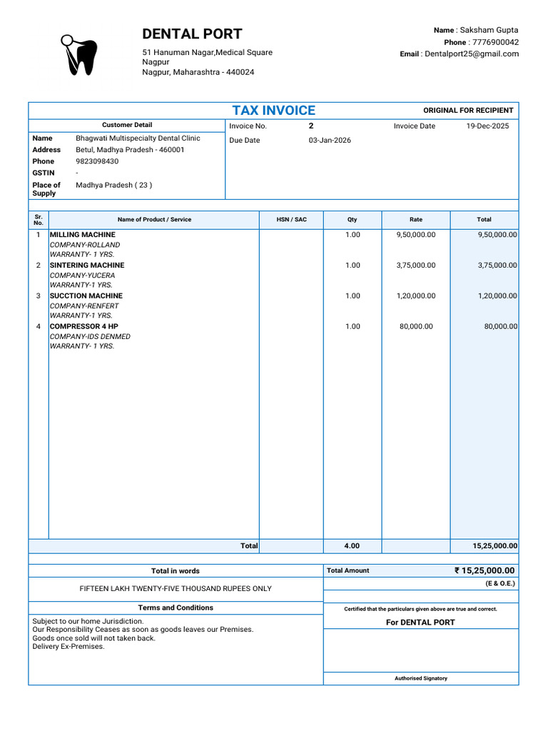 Invoice 2 Bhagwati Multispecialty Dental Clinic Dr Abhishek Agrawal 10 ...