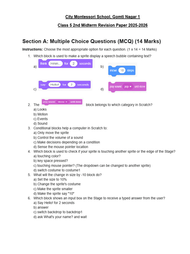 2nd Mid Term Revision Paper Class 5 | PDF | Scratch (Programming ...