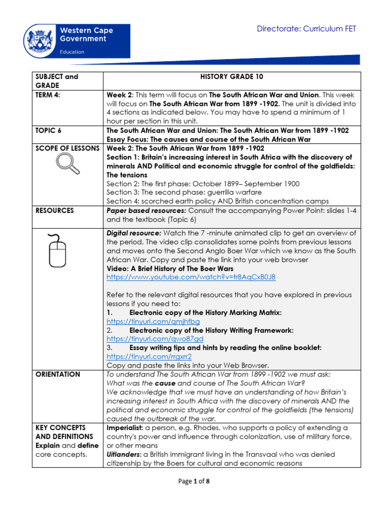 History Grade 10 Term 4 Week 3 | PDF | Second Boer War | Essays