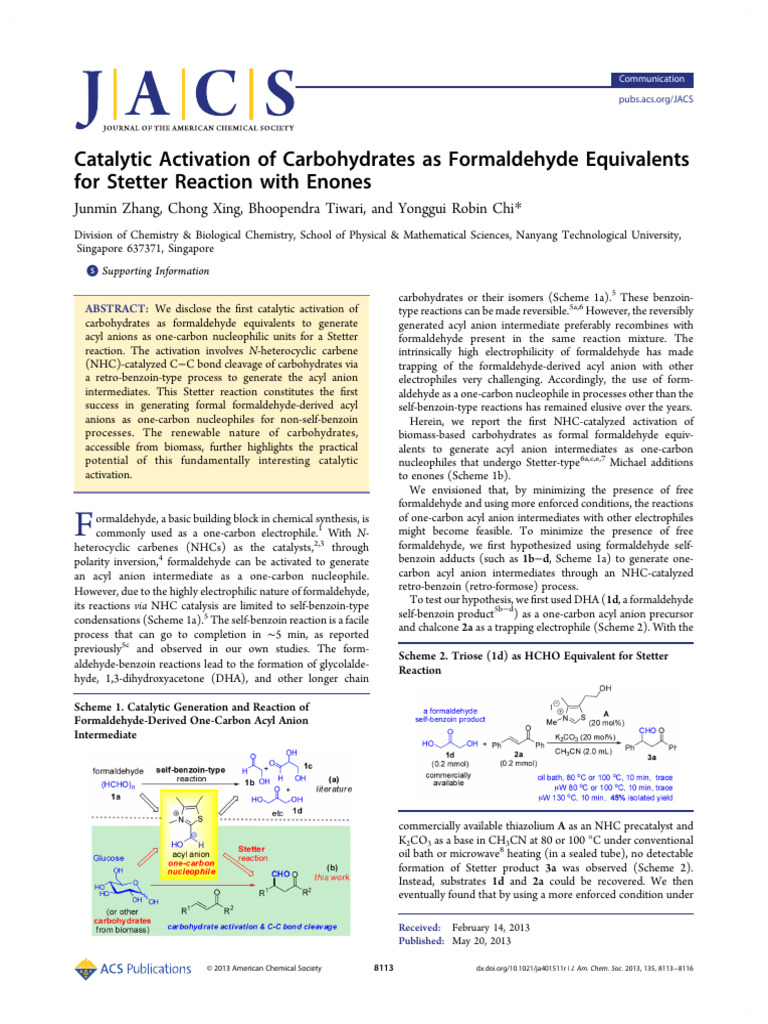 Catalytic Activation of Carbohydrates As Formaldehyde Equivalents For ...