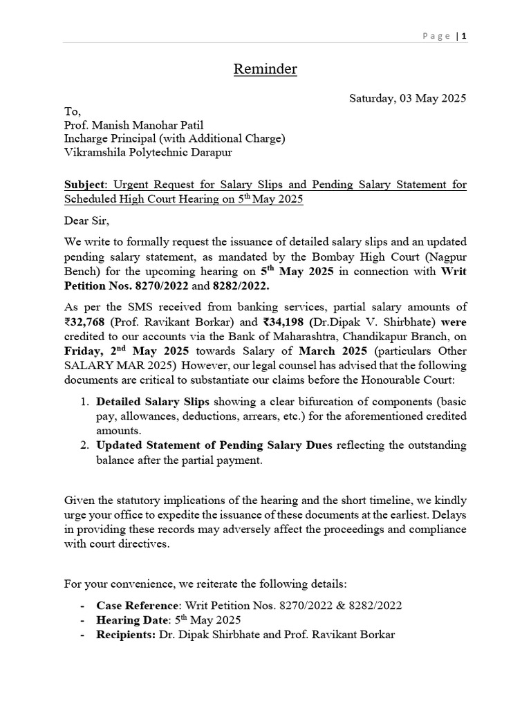Reminder For Pending Salary Statements | PDF