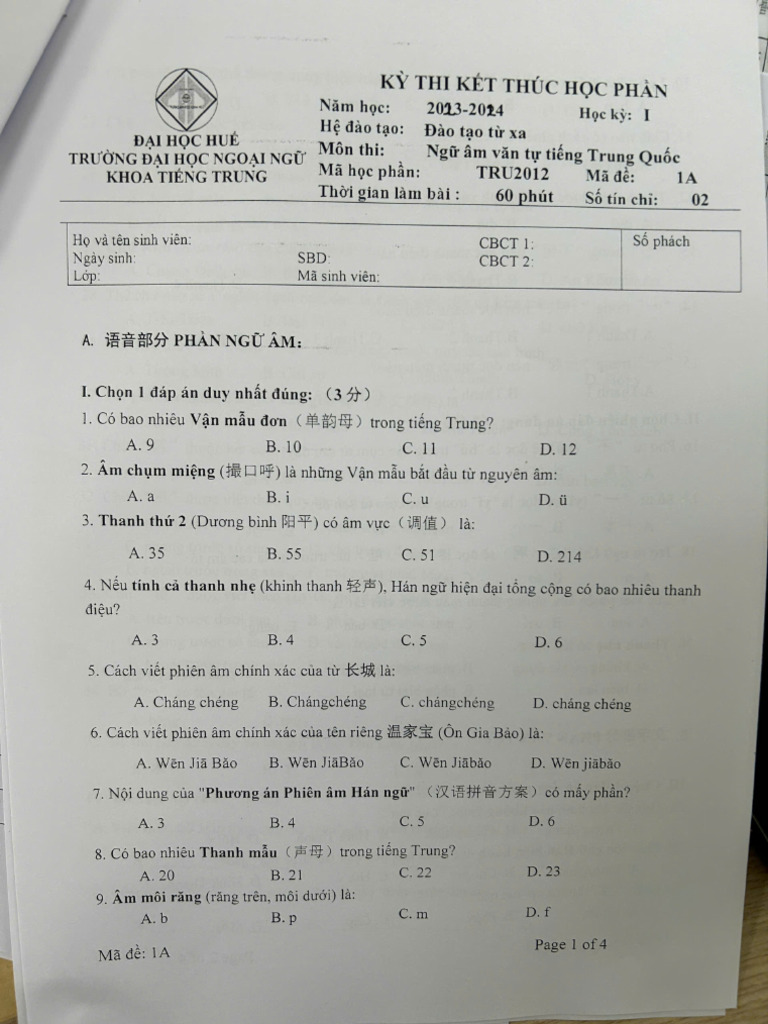 De Thi Mau - Ngu Am Van Tu | PDF