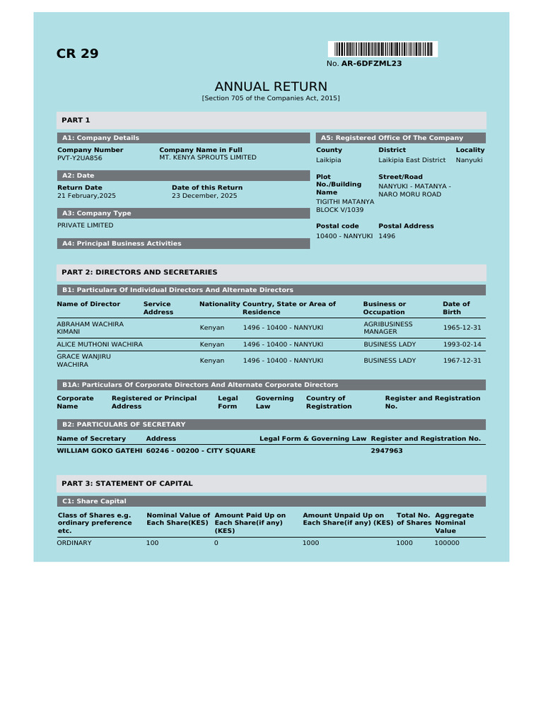 Pvt y2ua856 Annual Returns | PDF | Business Law | Private Law