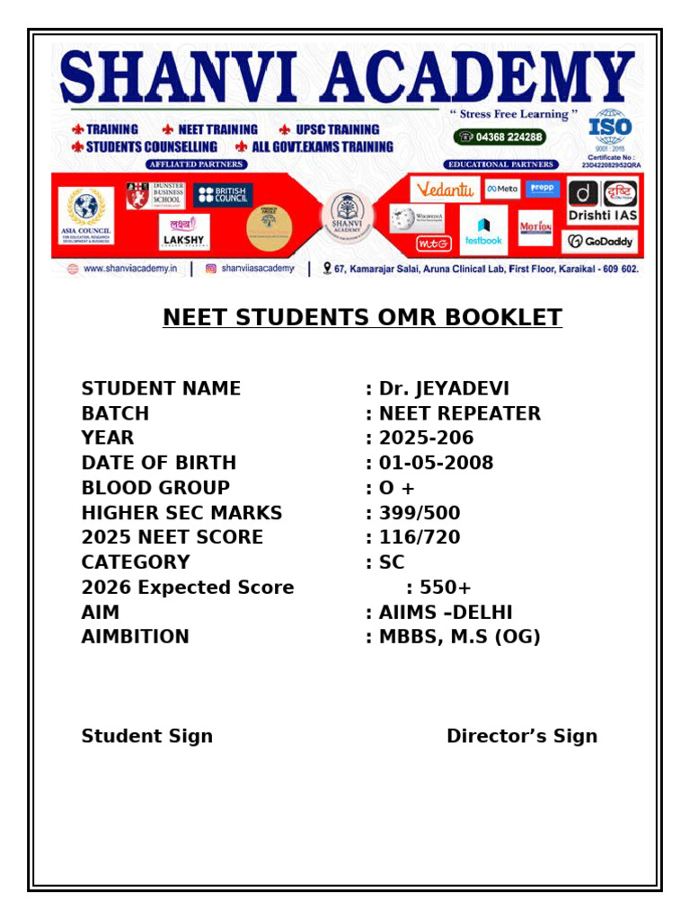 NEET 2025 OMR Booklet for Dr. Jeyadevi | PDF