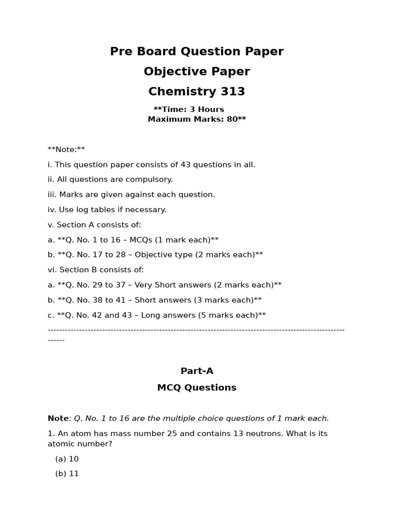 Pre Board Question Paper Objective Paper Chemistry 313: Time: 3 Hours ...