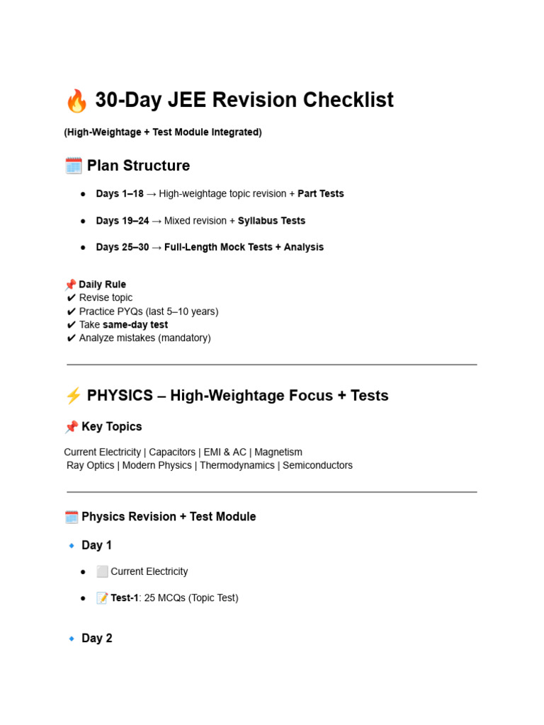 JEE Revision Check List With Test Series | PDF | Mathematics | Physics