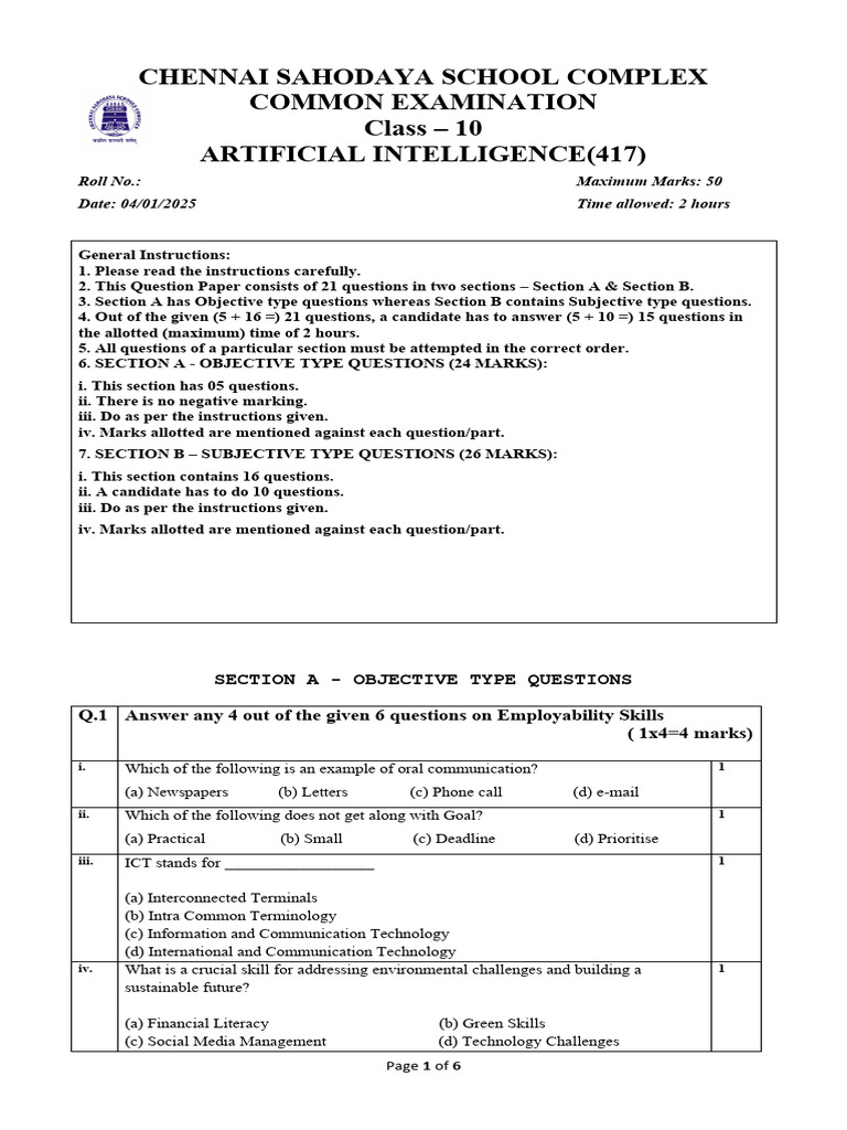 QP-Artificial Intelligence(417)-10-Practice Paper-2 | PDF | Artificial ...