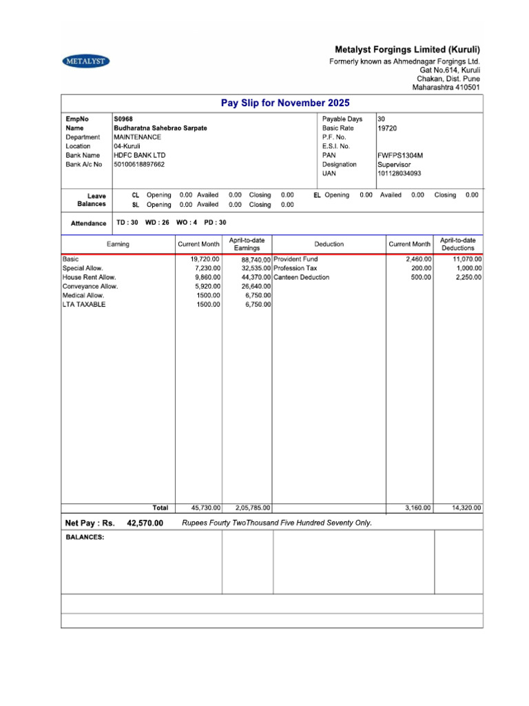 Pay Slip Nov 2025 | PDF