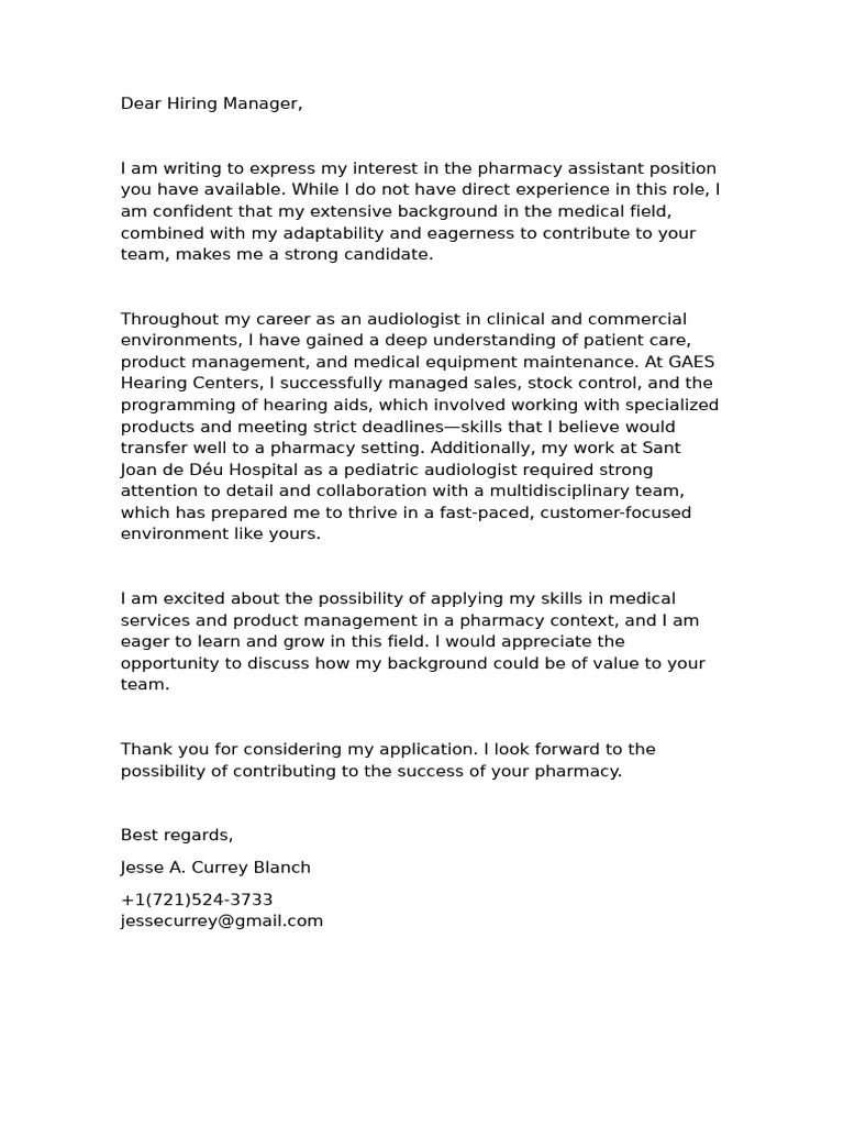 Pharmacy Assistant Application Letter | PDF