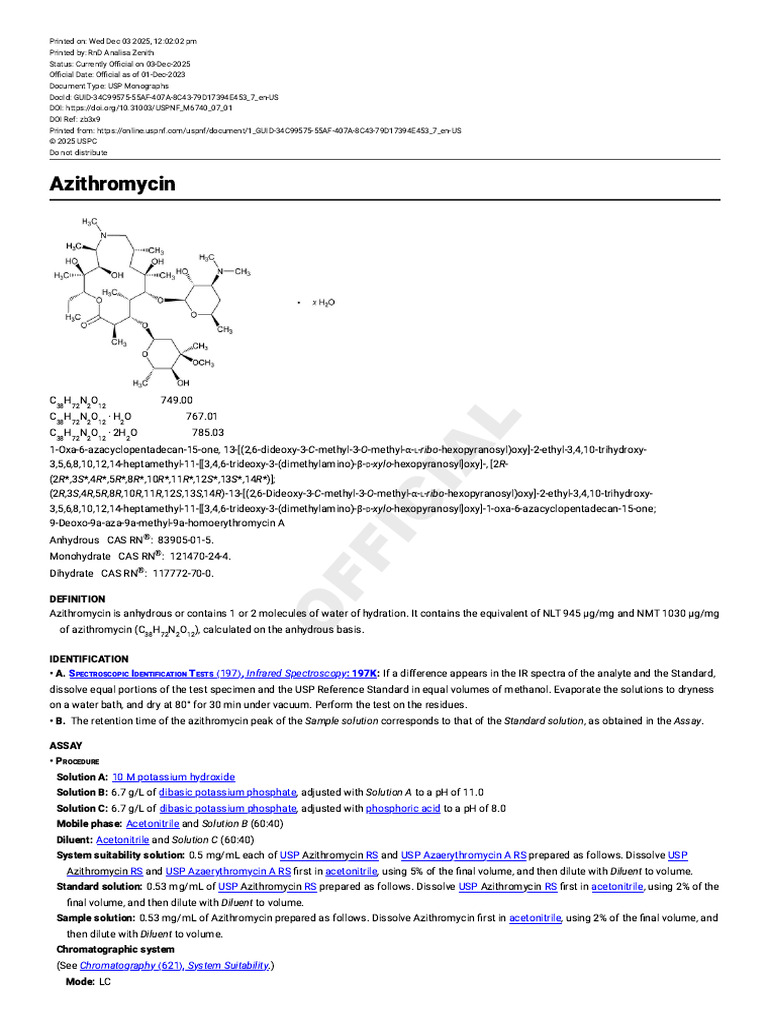 USP NF Azithromycin | PDF | Chromatography | Acid