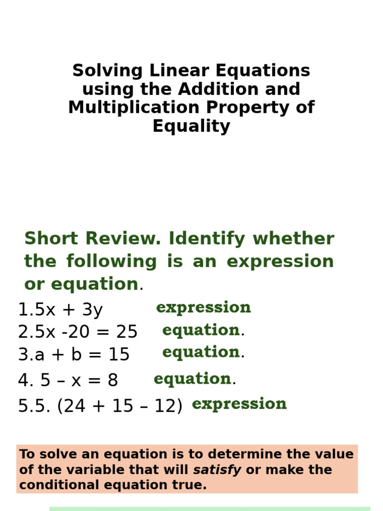 Solving Linear Equations Using the Addition and Multiplication q3 | PDF ...