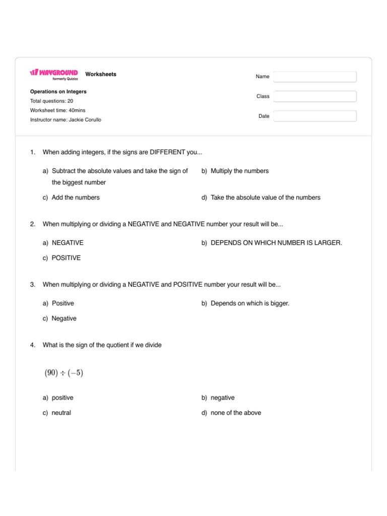 Integer Operations Worksheets | PDF | Number Theory | Arithmetic