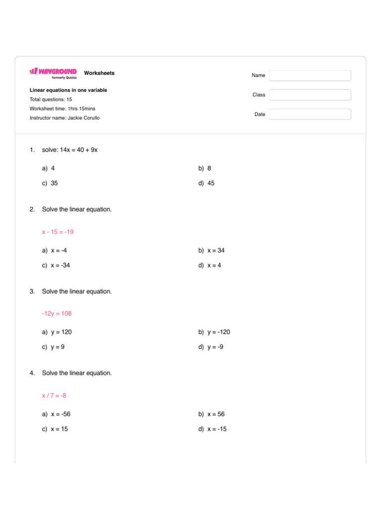 Nessa’s Homework - Solving Linear Equations in One Variable | PDF