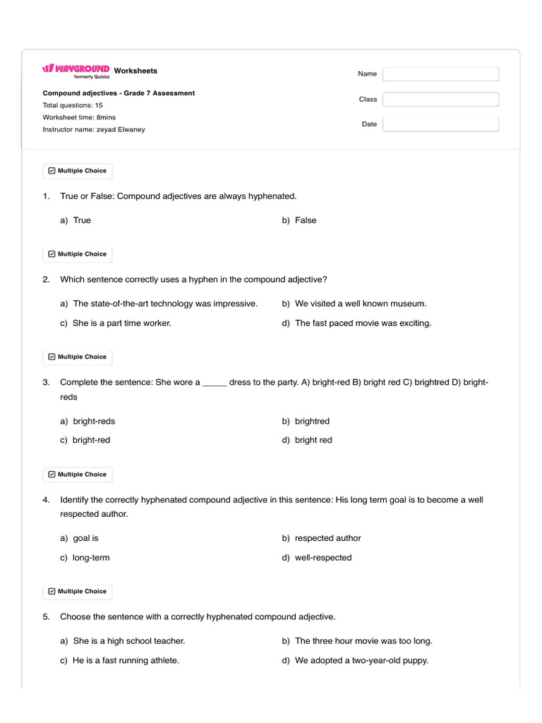 Grade 7 Compound Adjectives Worksheet | PDF | Multiple Choice | Chess ...