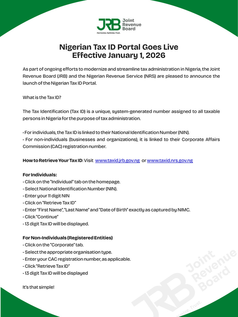 Nigerian Tax ID Portal Launch 2026 | PDF