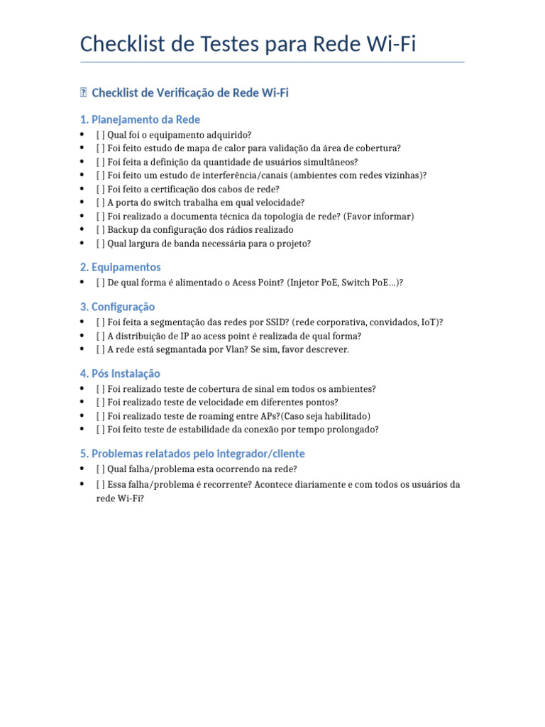 Checklist Completo para Testes de Wi-Fi | PDF