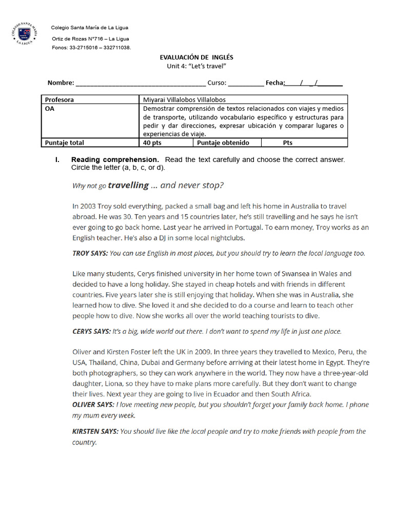 English Evaluation: Travel Unit 4 | PDF | Chess Theory | Chess