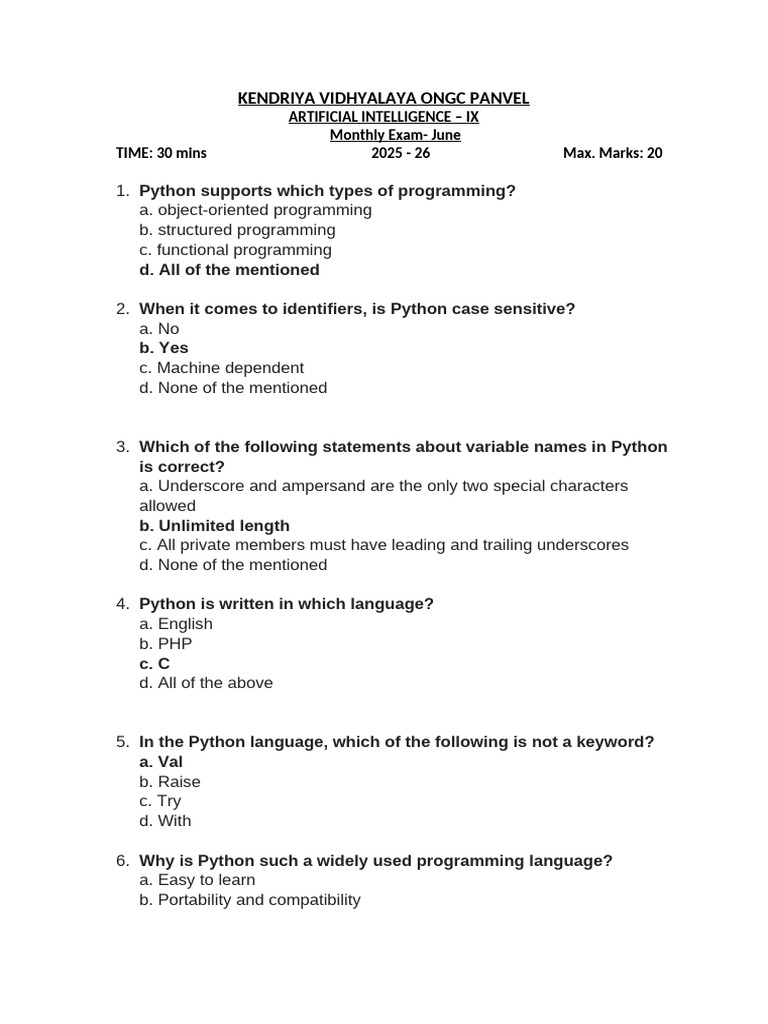 June Monthly Exam (Python MCQ) - Answer | PDF | Python (Programming ...