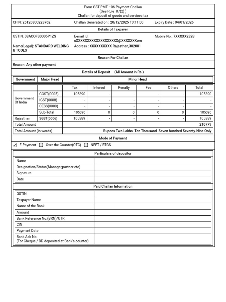 GST PMT-06 Payment Challan Details | PDF | Payments | Money
