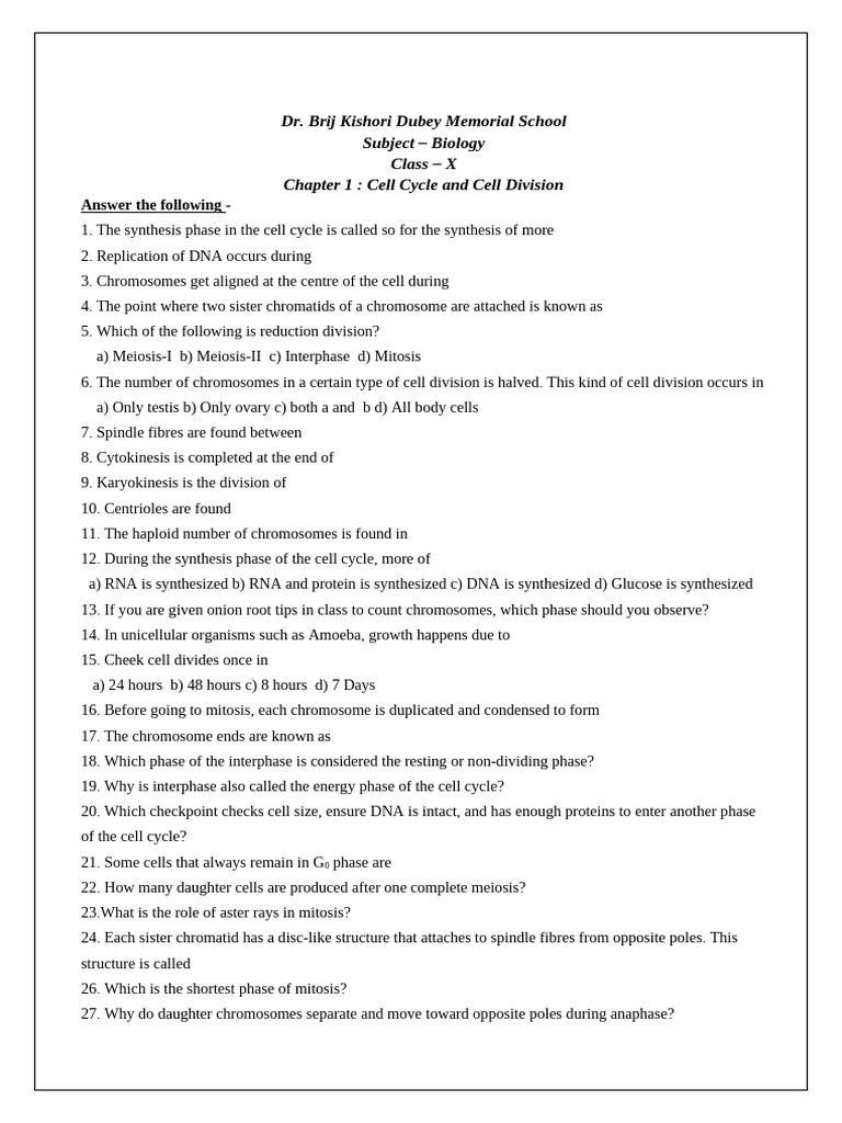 Work Sheet Cell Division | PDF | Mitosis | Meiosis