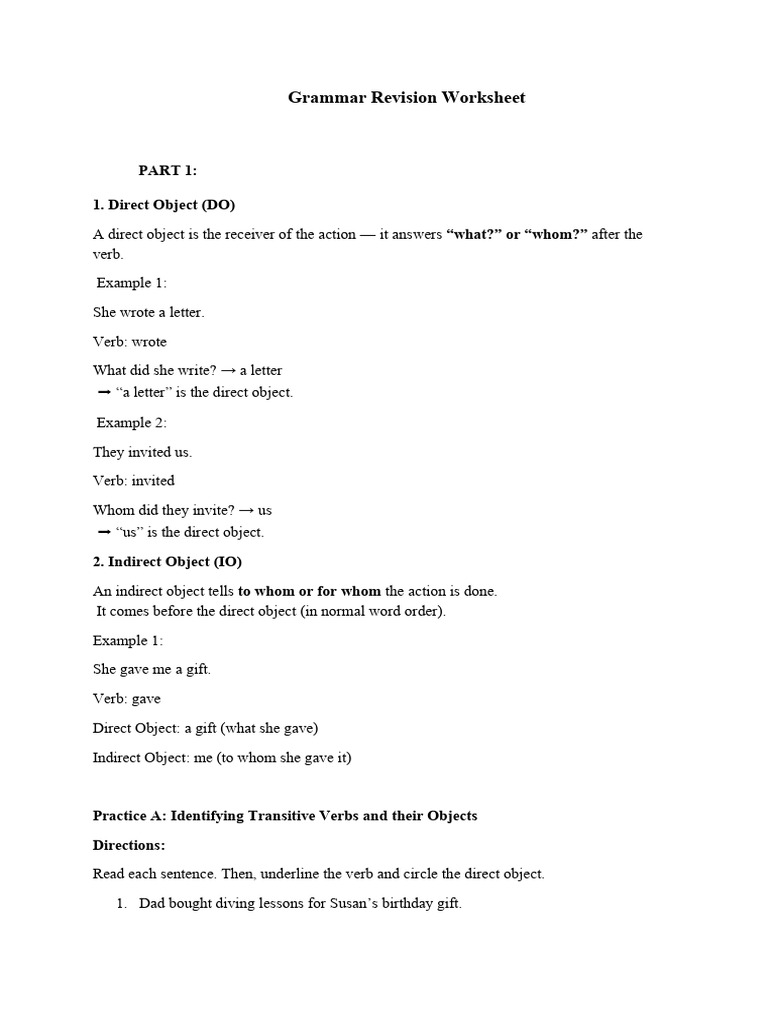 Grammar Revision Worksheet | PDF | Adverb | Object (Grammar)