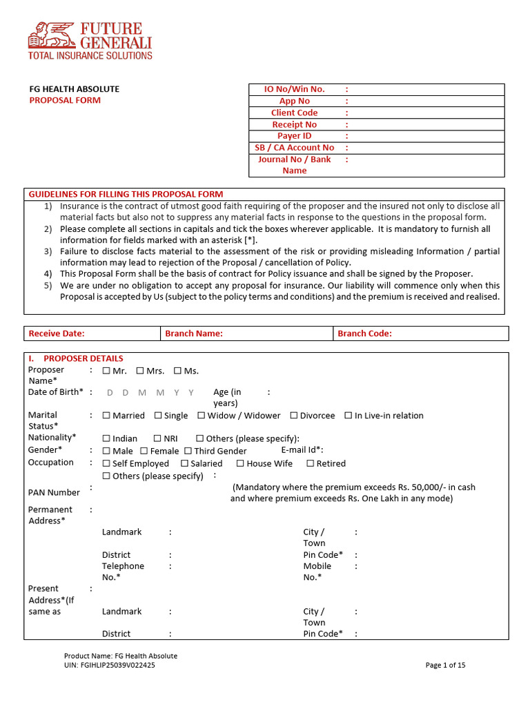 FG Health Absolute Proposal Form | PDF | Insurance | Payments