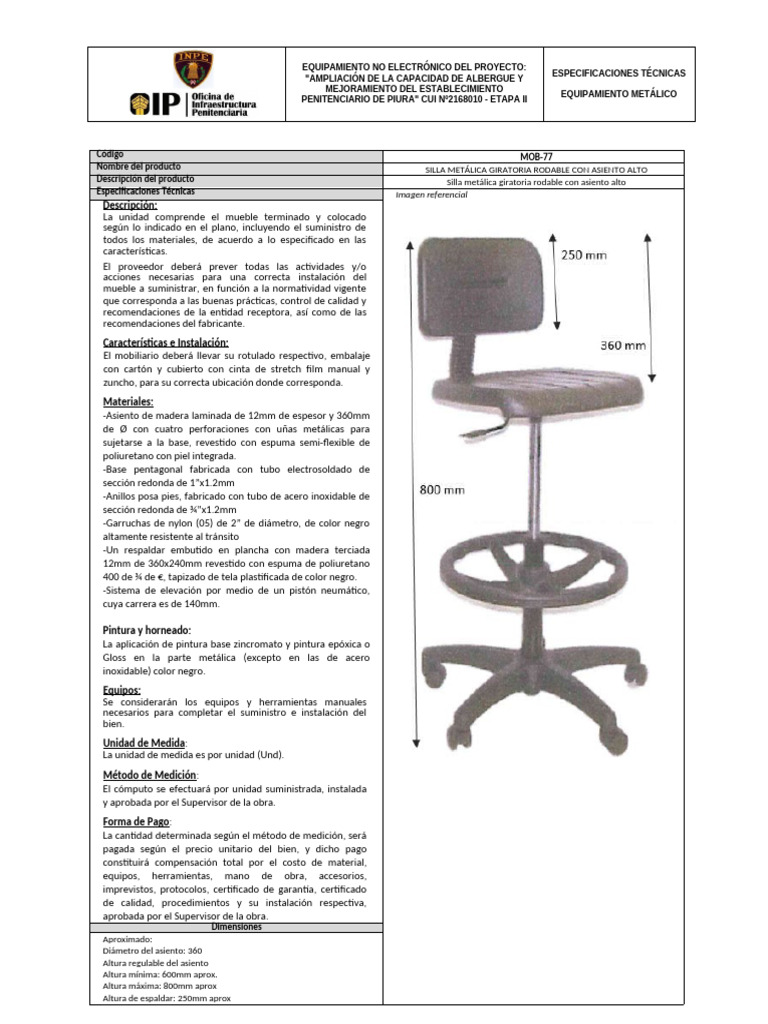 Mob-77 Silla Metalica Giratoria Rodable Con Asiento Alto | PDF