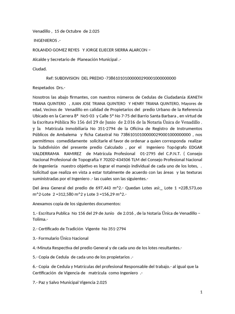 Solicitud de Subdivisión Predial Venadillo | PDF | Derecho Civil ...