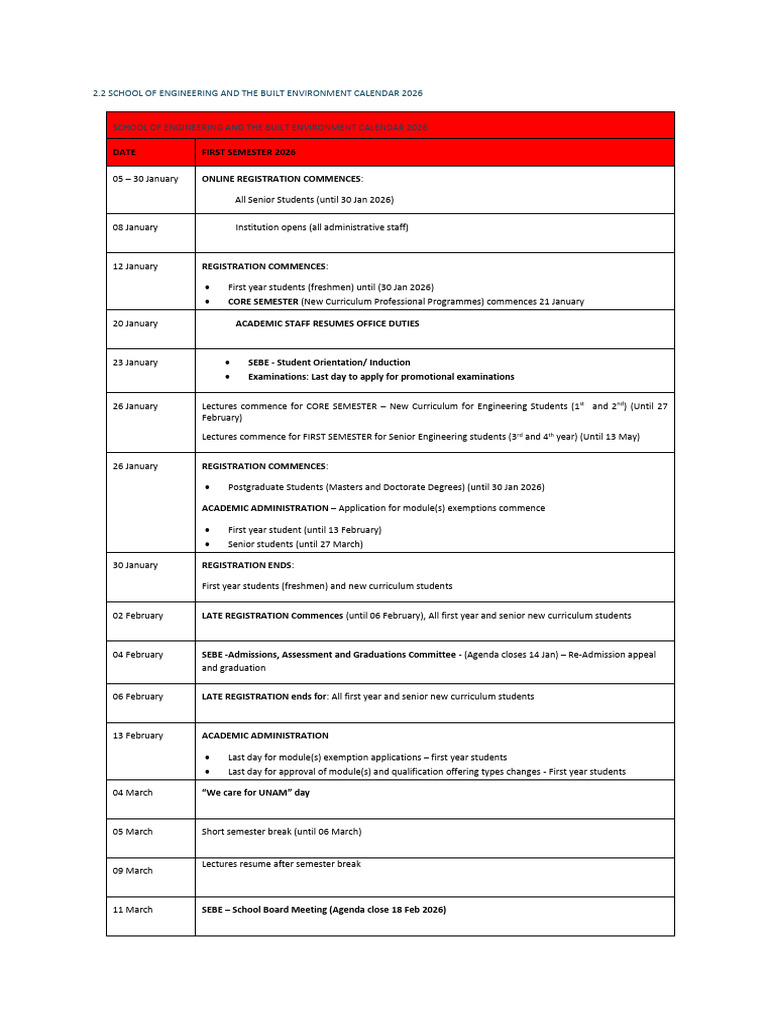 SEBE 2026 Academic Calendar Overview | PDF | Academic Term | Academia