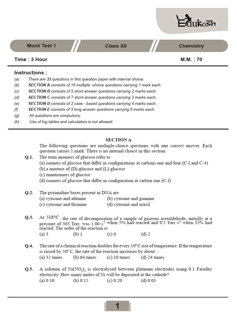 Class XII Chemistry Mock Test 1 | PDF | Carboxylic Acid | Chemical ...