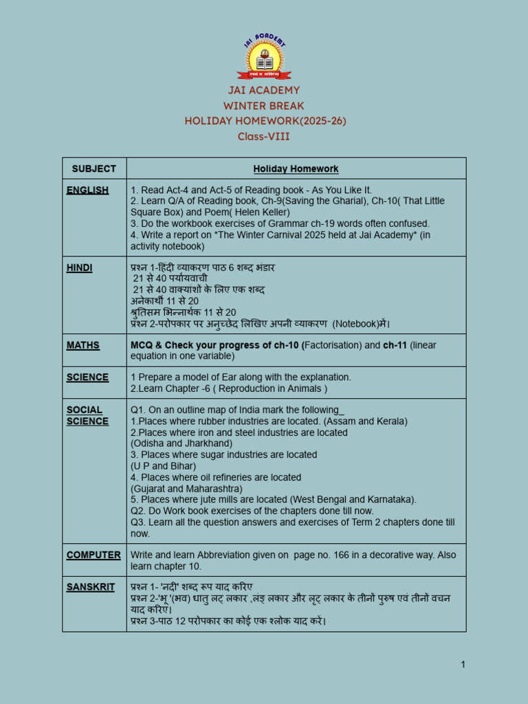 Class 8 Winter Break Holiday Home 2025-26 | PDF