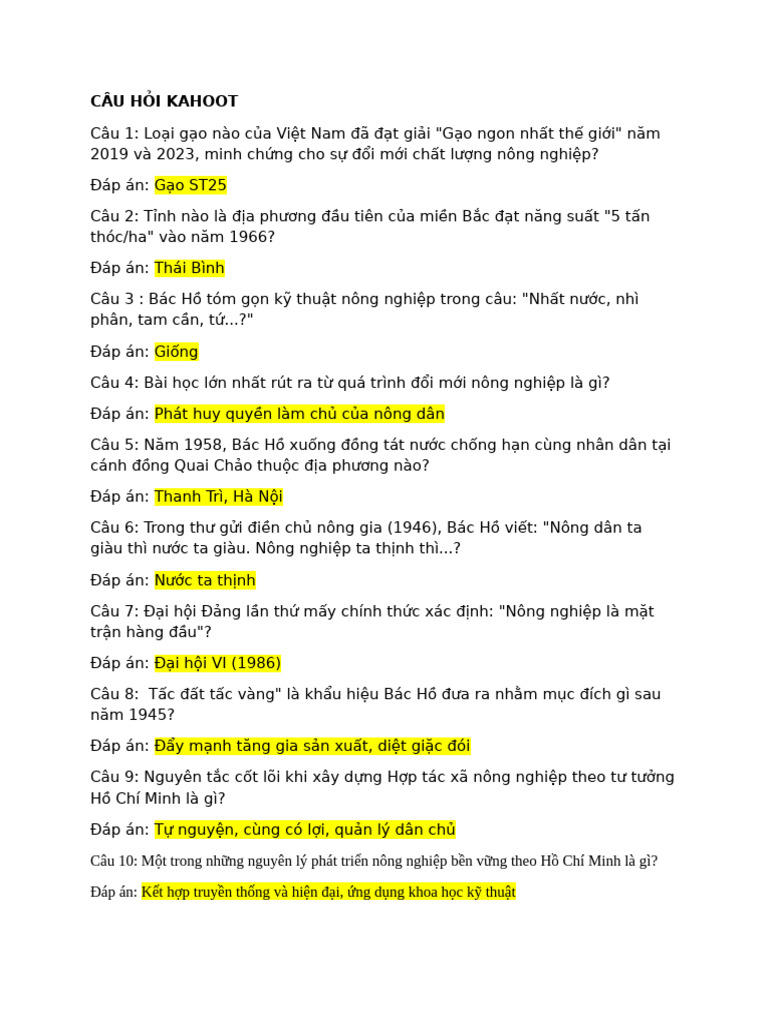 CÂU HỎI KAHOOT | PDF