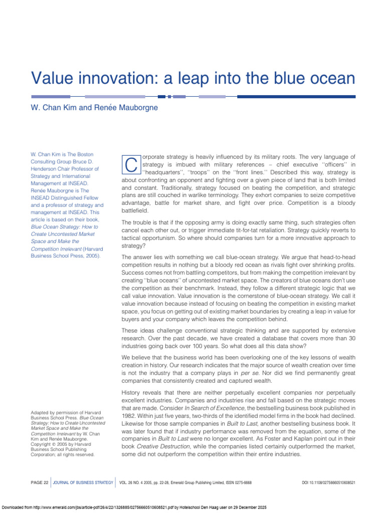 Article 4 Value Innovation A Leap Into The Blue Ocean W. Chan Kim and ...