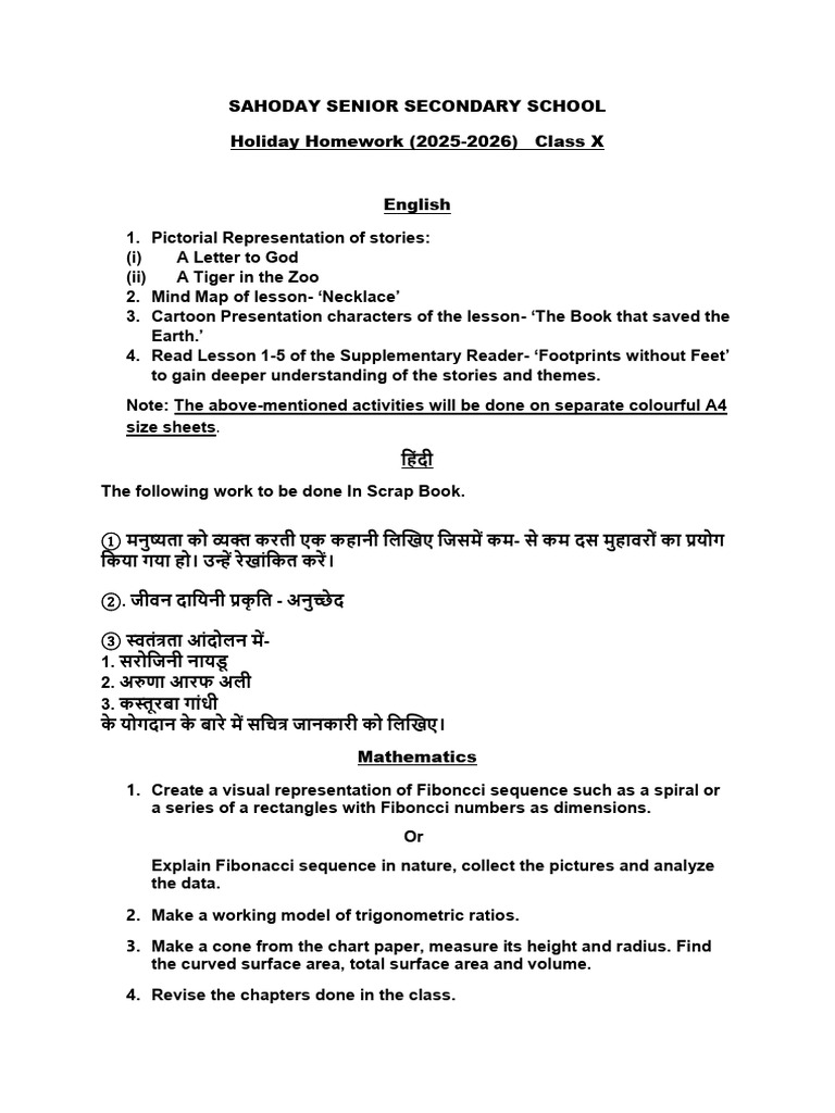 Class X Holiday Homework 2025-2026 | PDF