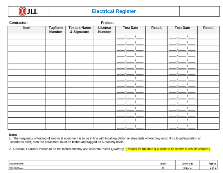 Electrical Testing Register Template | PDF