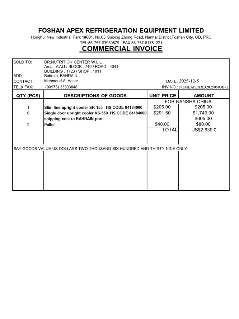 Commercial Invoice&Packing List NTMEAPEXXB20250503B-2 | PDF