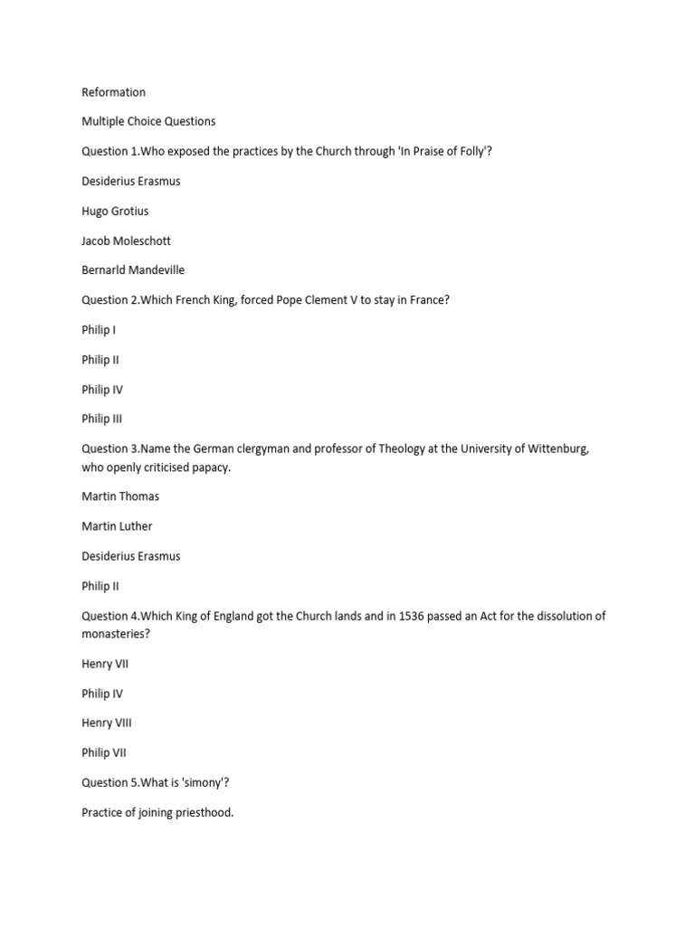 Reformation Multiple Choice Questions | PDF