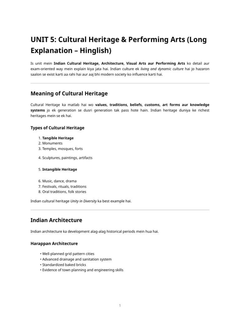 Unit 5 - Cultural Heritage & Performing Arts (Long Hinglish Notes ...