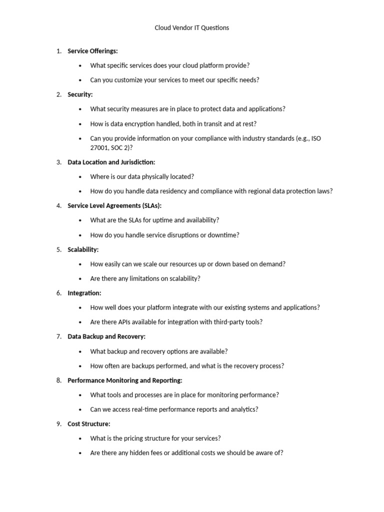 Essential Cloud Vendor IT Questions | PDF | Cloud Computing | Service ...