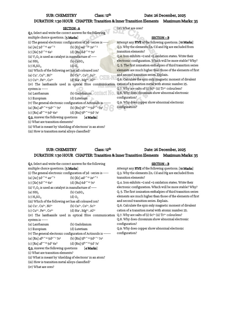 Transition & Inner Transition Elements Theory Test 35 Marks | PDF ...