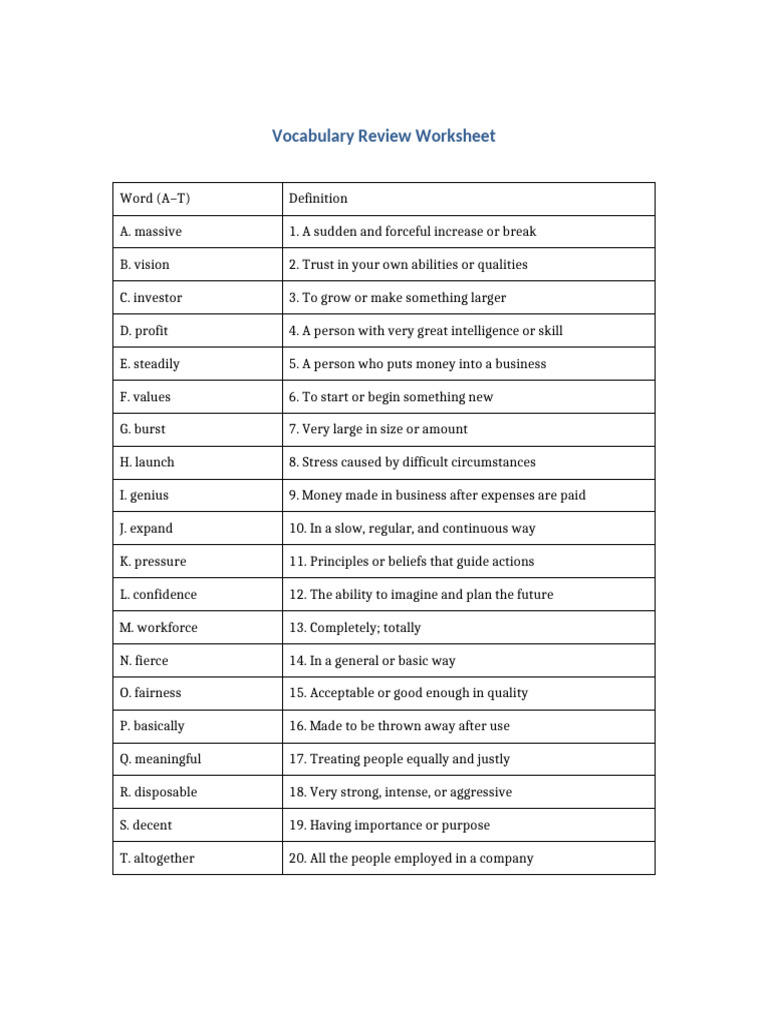 Unit 6 Vocabulary Review Worksheet | PDF