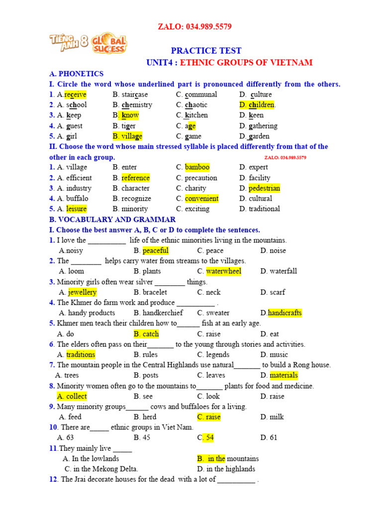Key - Practice Test - Unit 4. | PDF | Vietnamese People | Vietnam