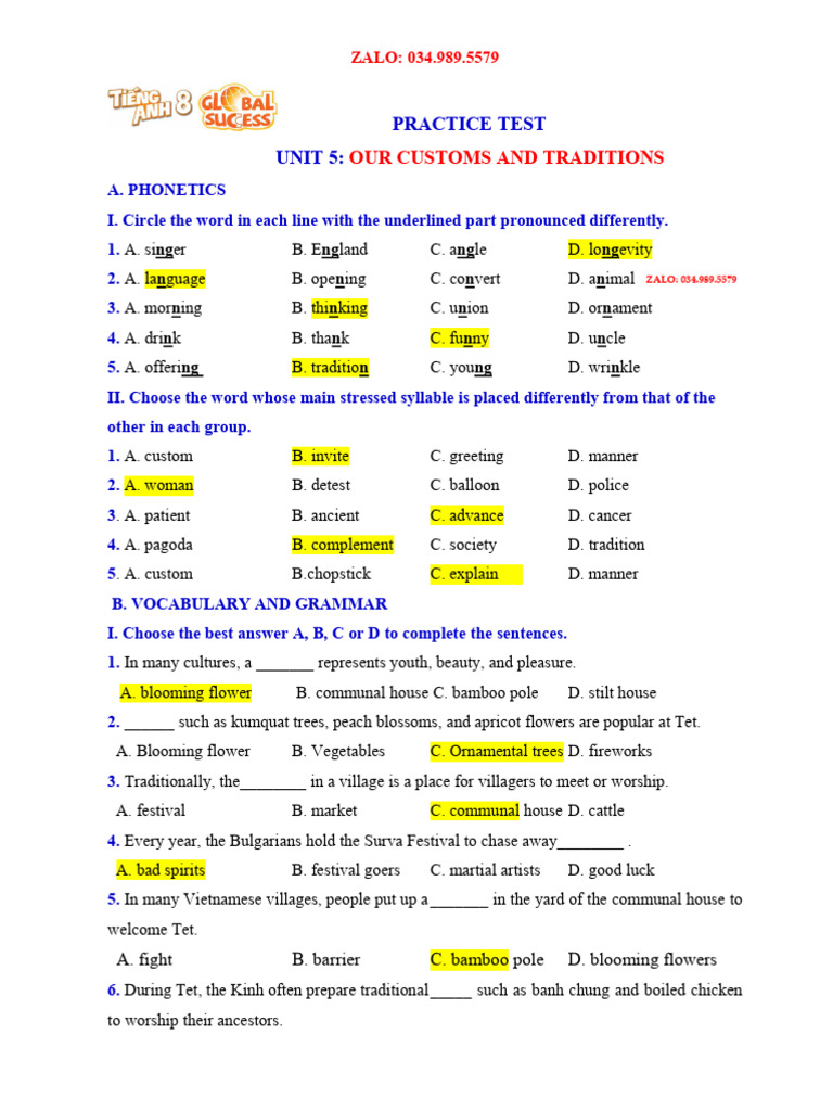 Unit 5 Practice Test: Customs & Traditions | PDF | Gift
