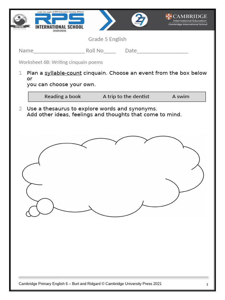 Cinquain Worksheet Grade 5 | PDF