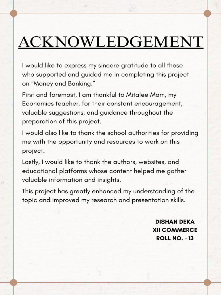 Acknowledgment for Money and Banking Project | PDF