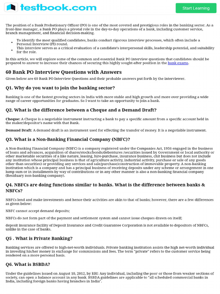 Bank PO Interview Questions - SBI, IBPS and More PO Exams | PDF