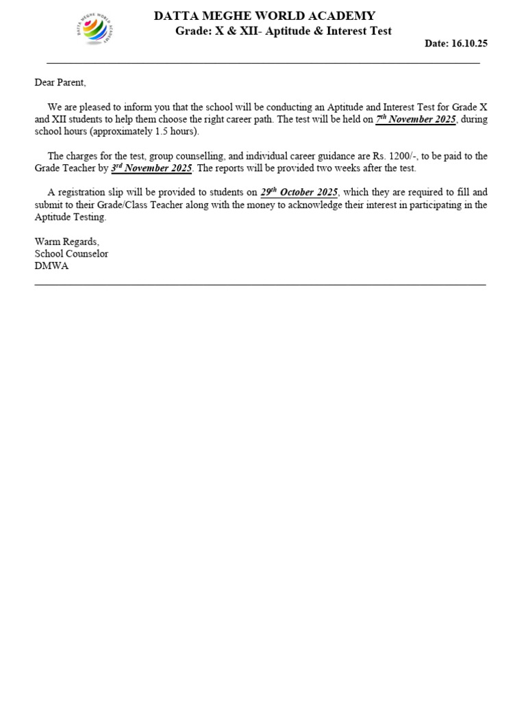 APTITUDE Testing Circular | PDF